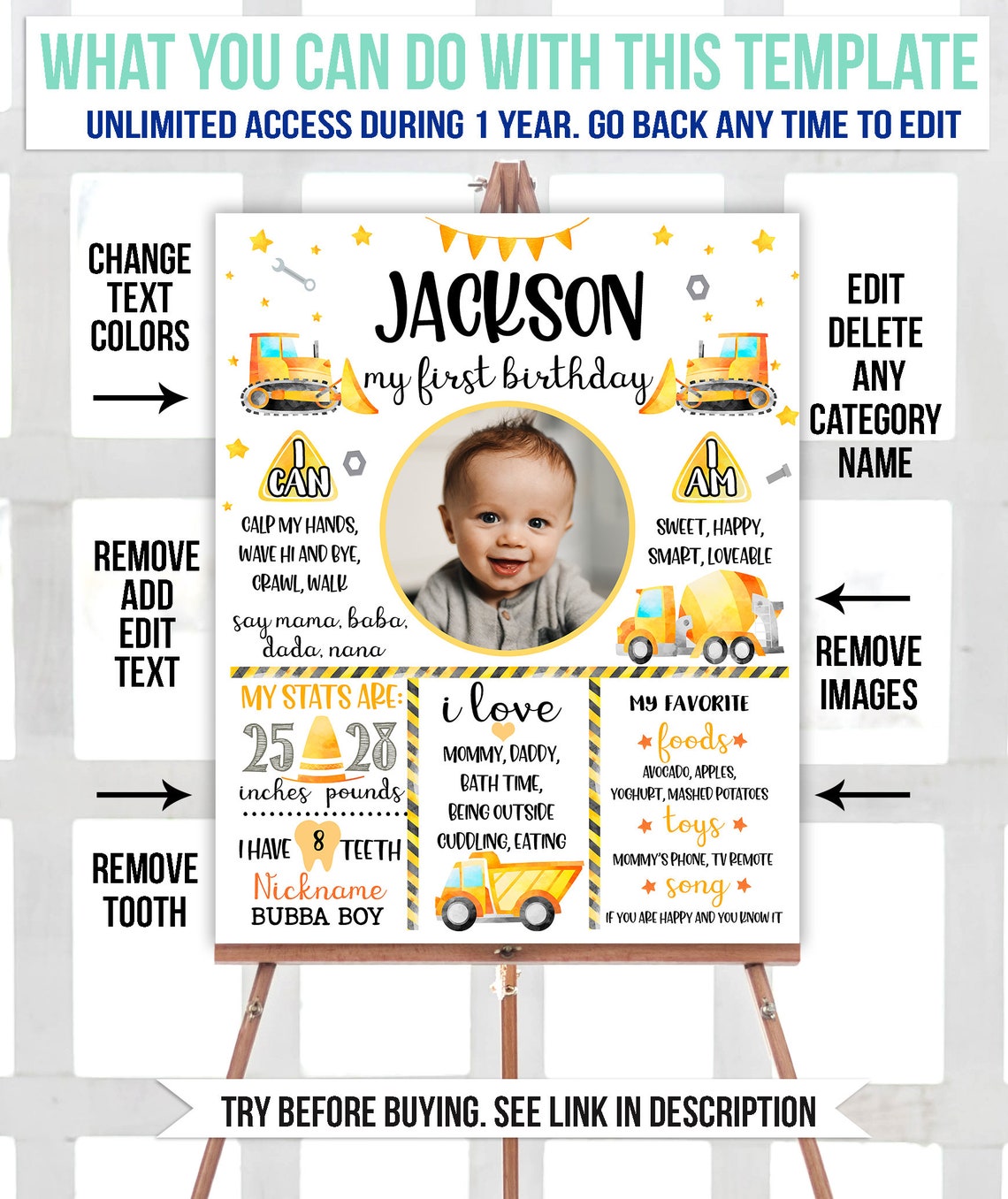 Construction First Birthday Milestone Sign With Photo - Digger 1st ...