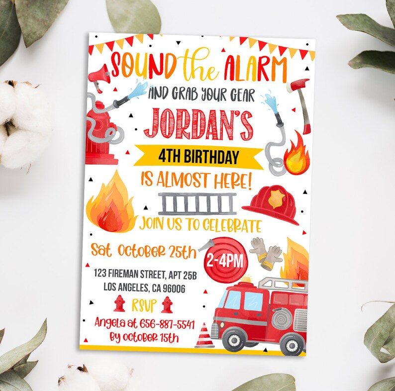 Firefighter Birthday Party Invitation Fireman Firetruck - Etsy