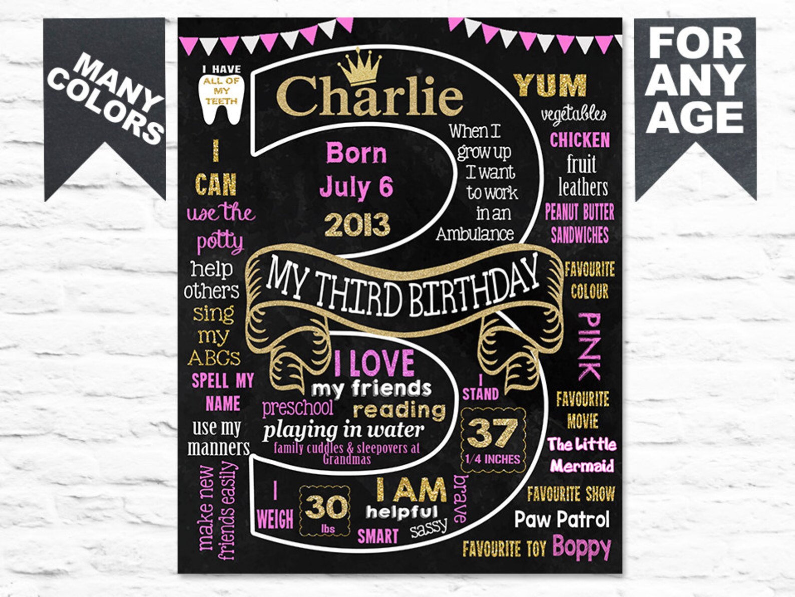 Printable 3rd Birthday Chalkboard Sign for a Girl With Crown Gold Pink ...