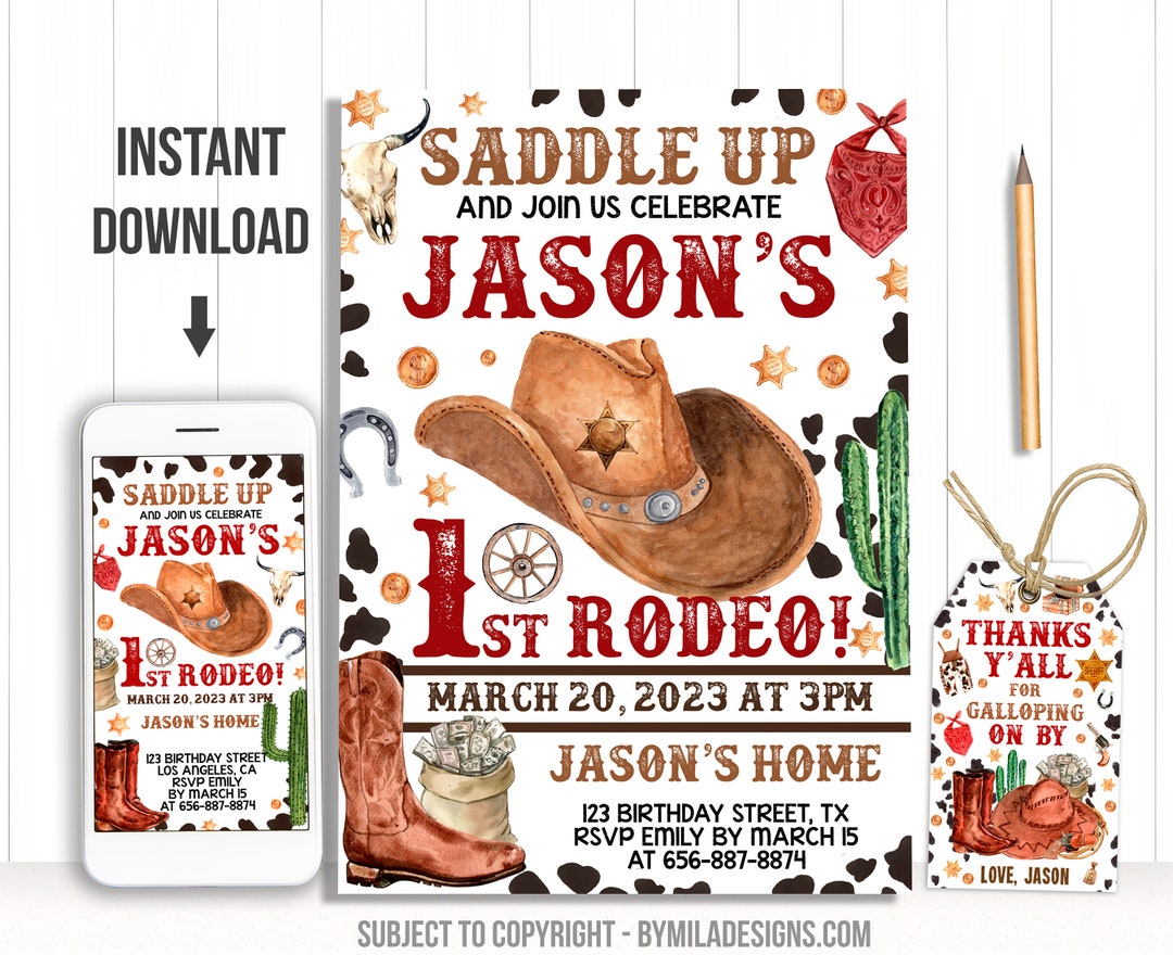 Editable First Rodeo Birthday Invitation - Cowboy Party E Invite ...