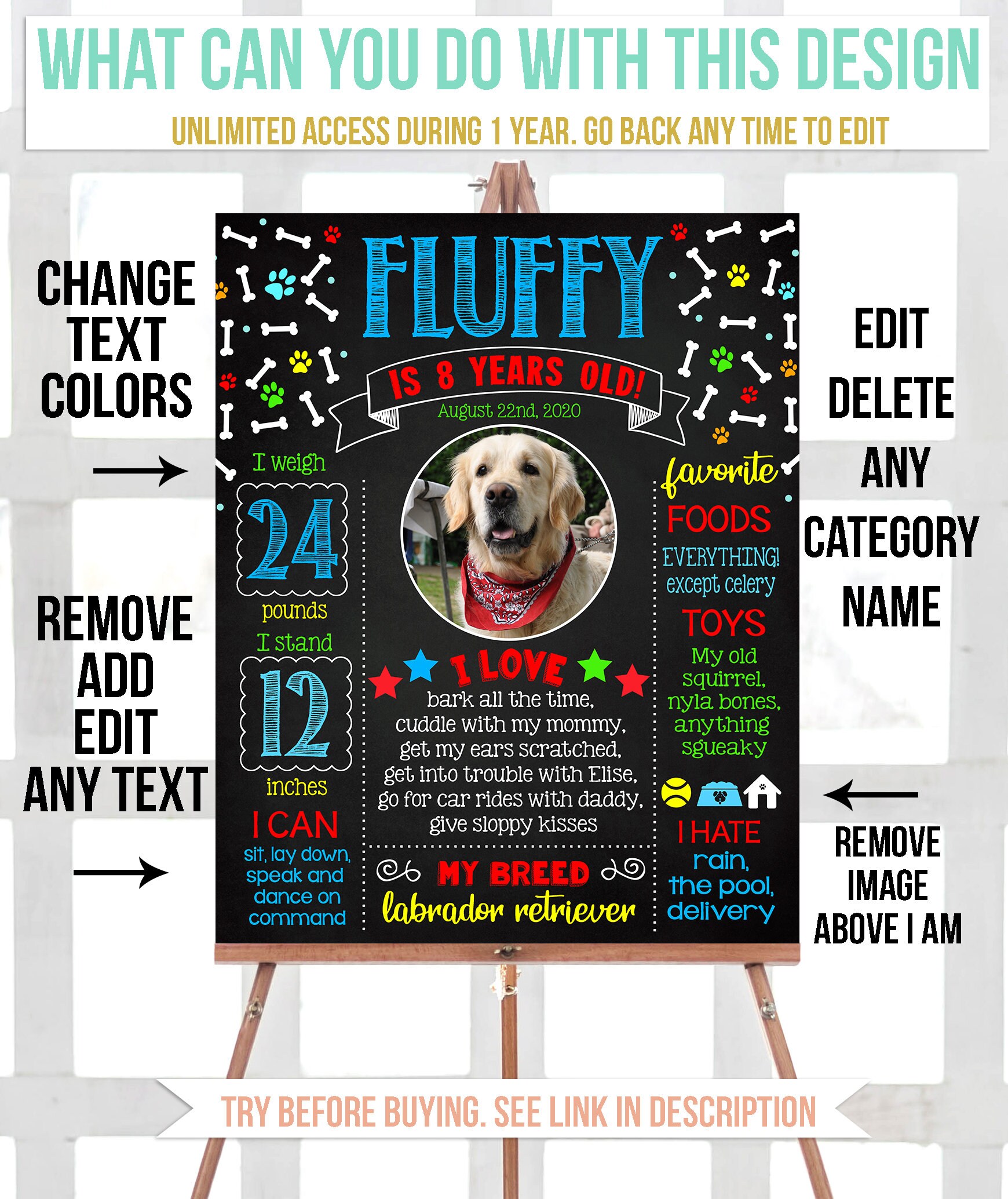 Printable Dog Birthday Board With Photo - Instant Download Template ...