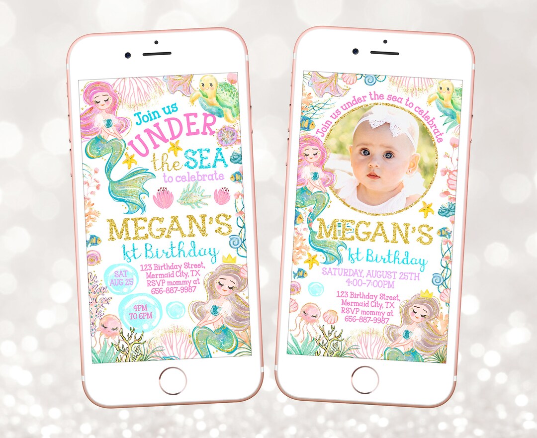 Digital Mermaid Birthday Party Invitation - Under the Sea First Bday E ...