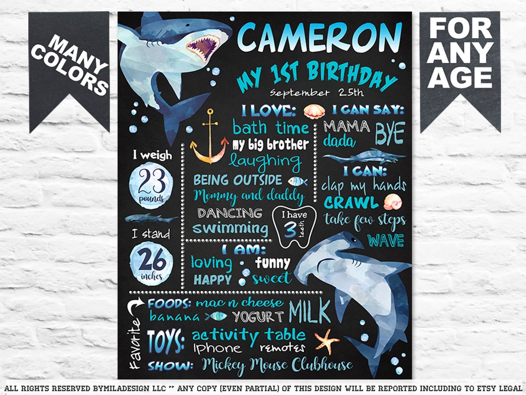 Shark Birthday Chalkboard Sign Poster Banner Milestone Chalk Board for ...