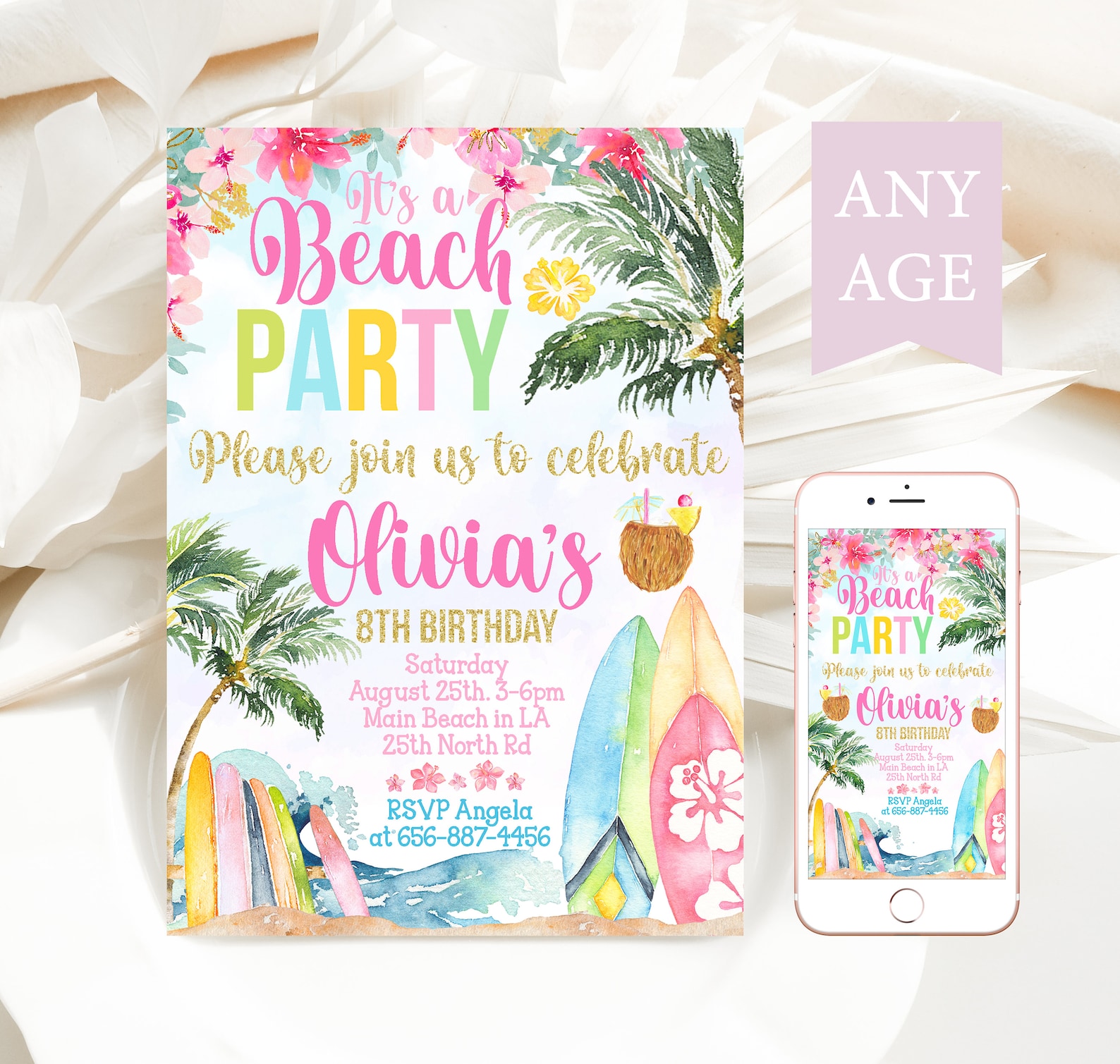 Editable Girl Surfing Beach Party Birthday Invitation - Surf's up ...