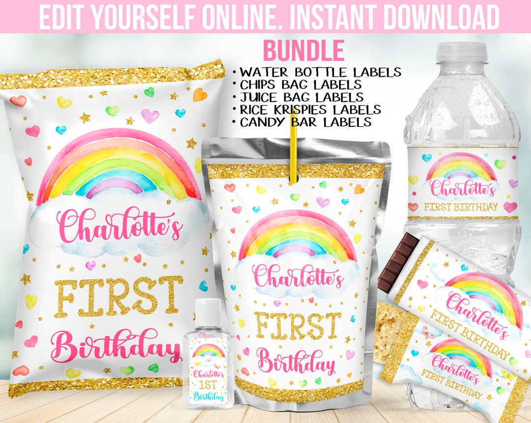 Editable Rainbow Birthday Party Decorations - Chip Bag Label Favors ...