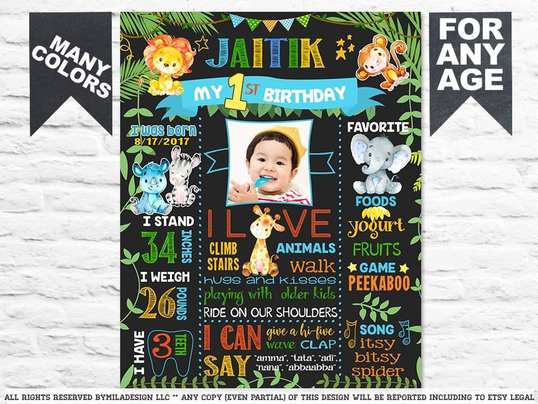 Jungle Animals Birthday Chalkboard Sign Zoo Safari - 1st Party Chalk ...