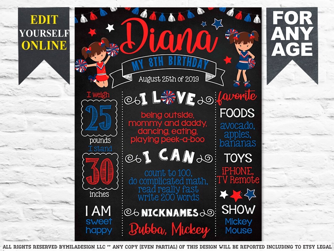 Cheerleader Birthday Chalkboard Sign 1st Party Chalk Board Poster ...