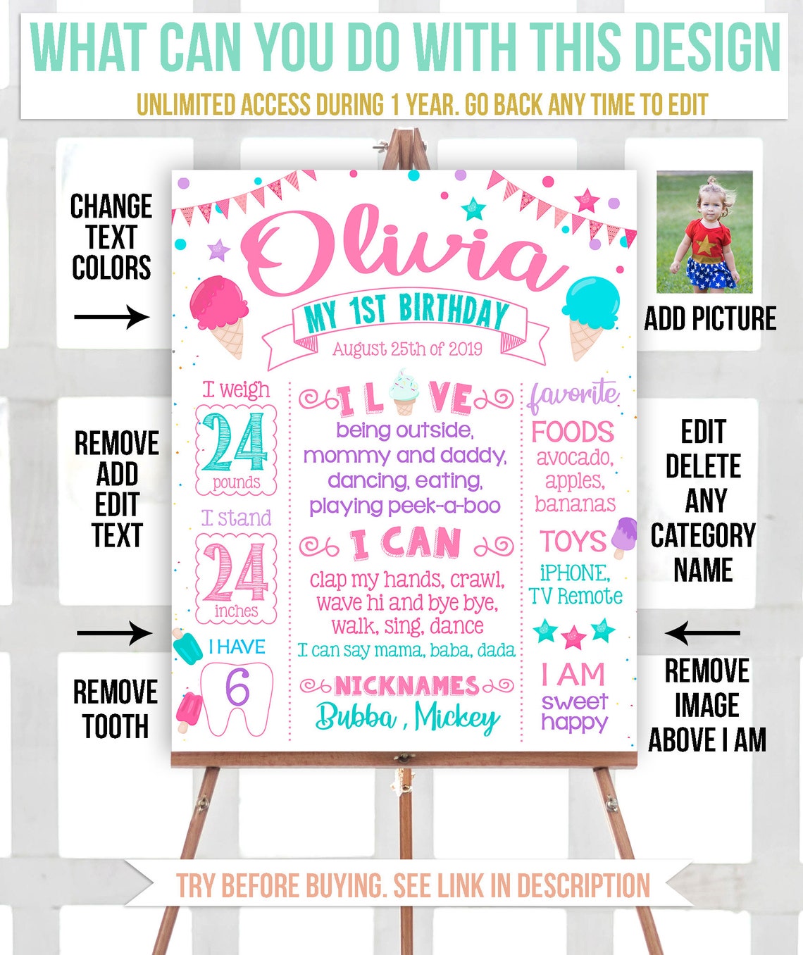 EDITABLE Ice Cream Birthday Party Board Poster Sign Milestone (975) - Etsy