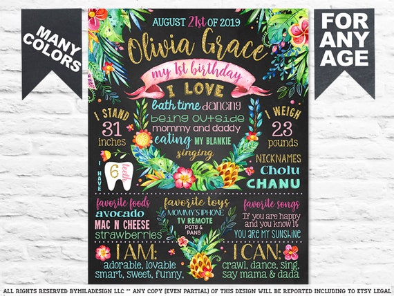 Tropical Leaves Pineapple First Birthday Chalk Board Sign | Etsy