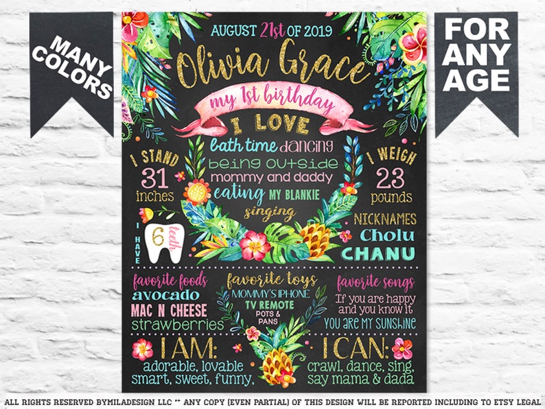 Tropical Leaves Pineapple First Birthday Chalk Board Sign - Luau ...