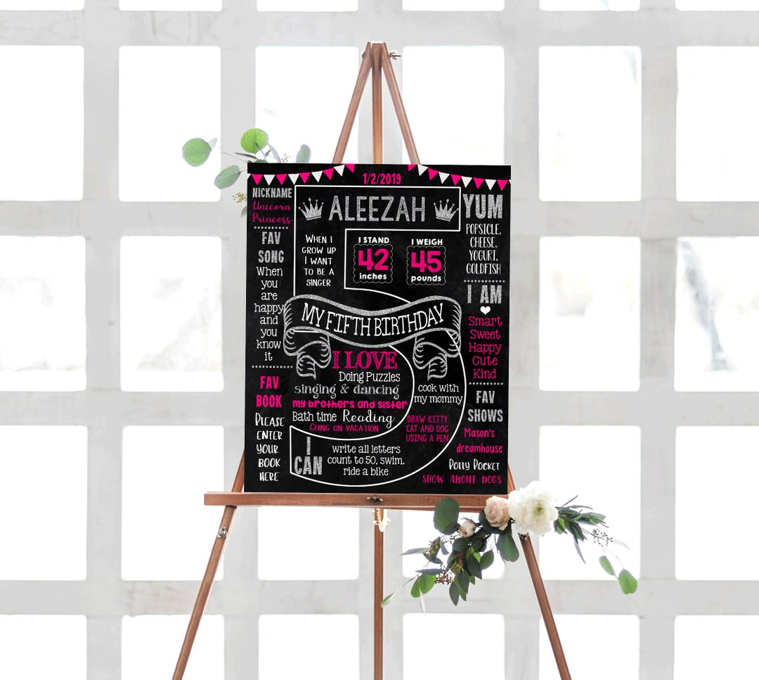 5th Birthday Milestone Poster - Fifth Chalkboard Sign - Girl 5th Party ...