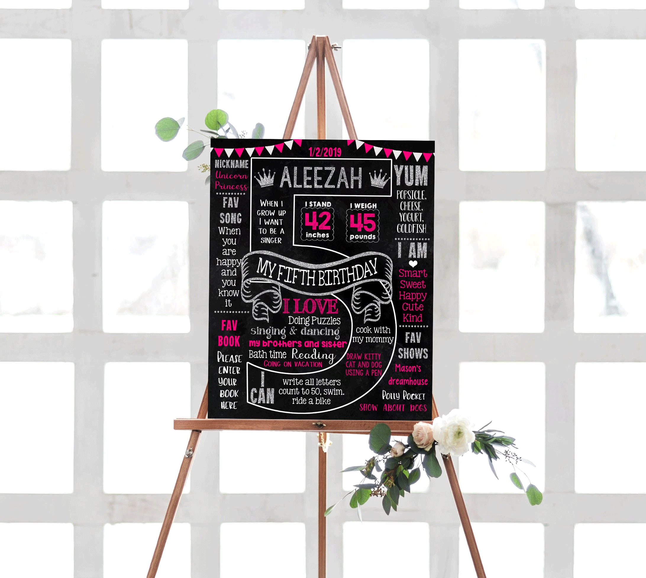 5th Birthday Milestone Poster - Fifth Chalkboard Sign - Girl 5th Party ...