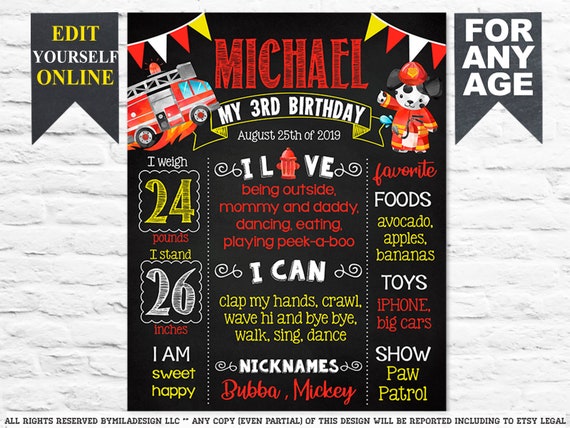Printable Firetruck Fireman Birthday Chalkboard Sign Editable | Etsy