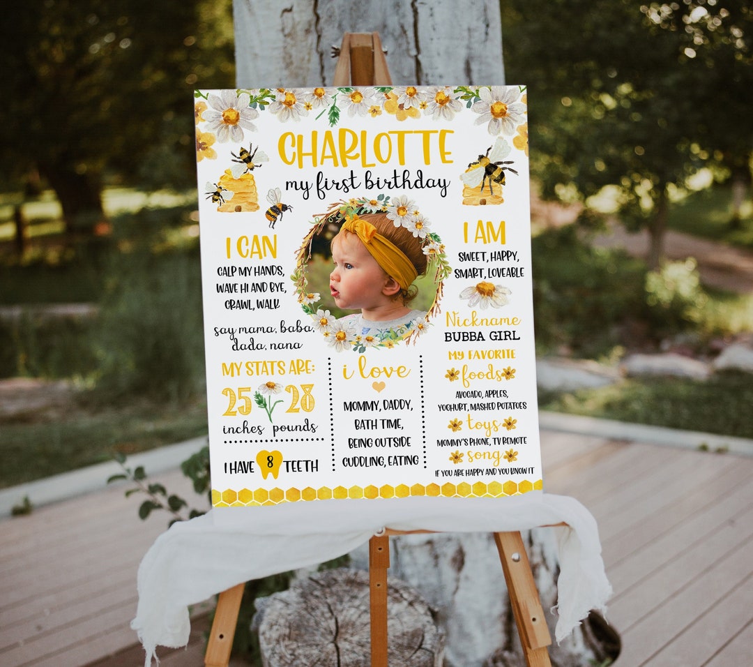 Bee Birthday Milestone Board Template - Bee Themed Party Poster Sign ...