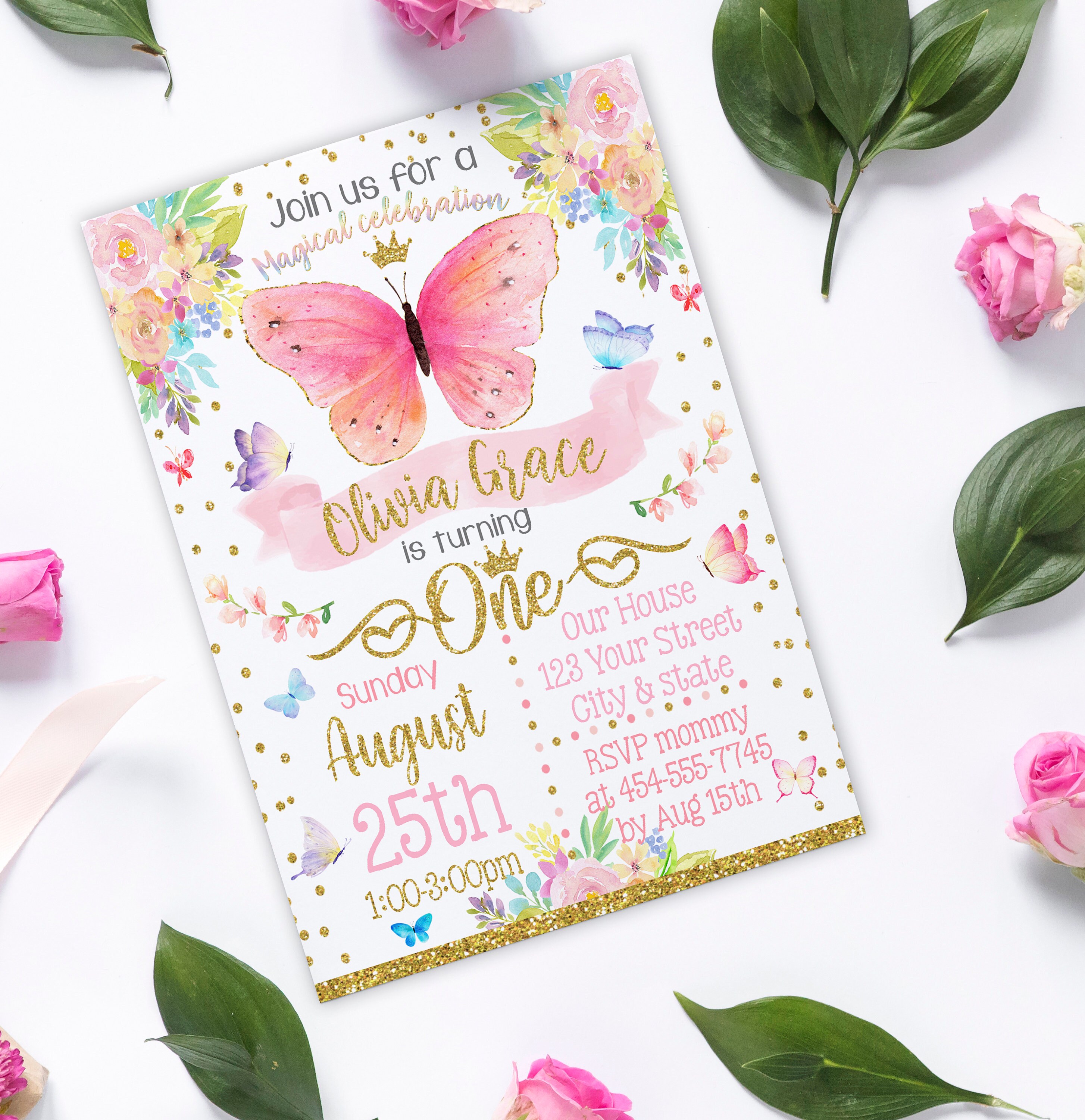 Printable Butterfly First Birthday Party Invitation Invites | Etsy