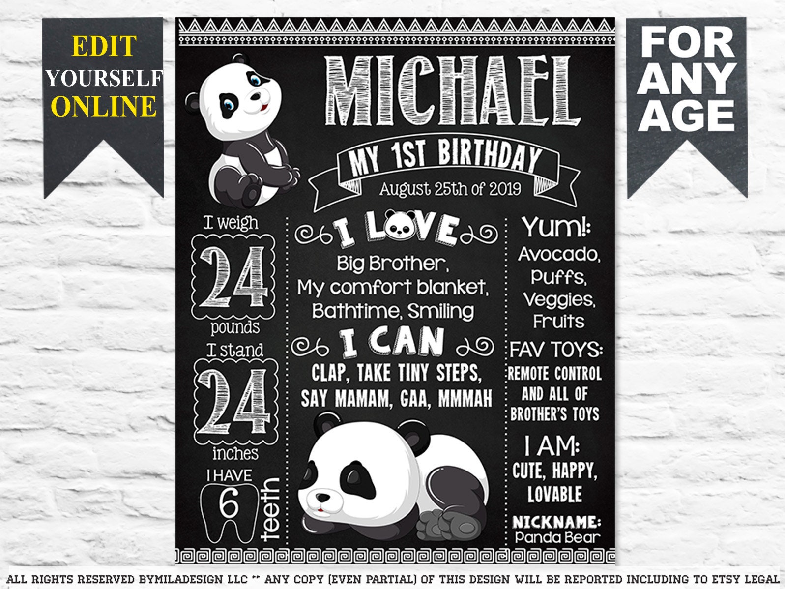 Panda First Birthday Chalkboard Sign 1st Party Chalk Board - Etsy