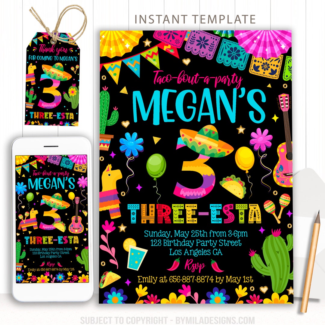 Three-esta Birthday Party Invitation - Fiesta 3rd Bday Invites for a ...