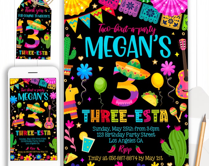 Three-esta Birthday Party Invitation - Fiesta 3rd Bday Invites for a ...