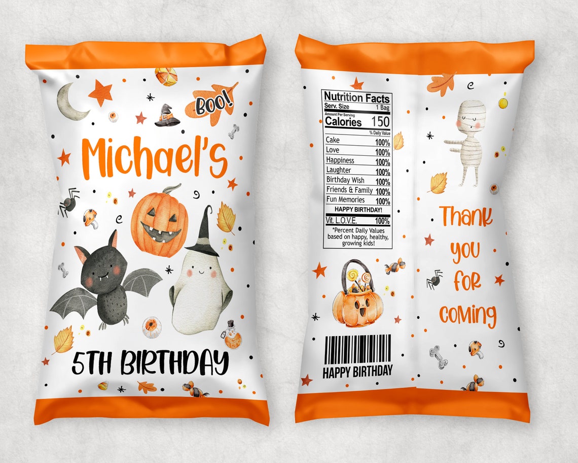 Editable Halloween Birthday Party Chip Bag Template - Etsy