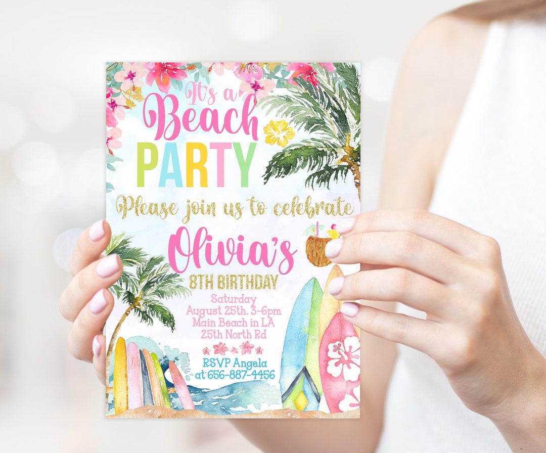 Editable Girl Surfing Beach Party Birthday Invitation - Surf's up ...