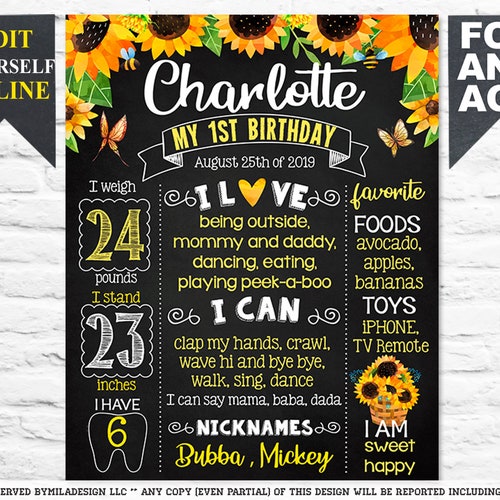 Printable Sunflower First Birthday Chalkboard Sign 1st Party - Etsy