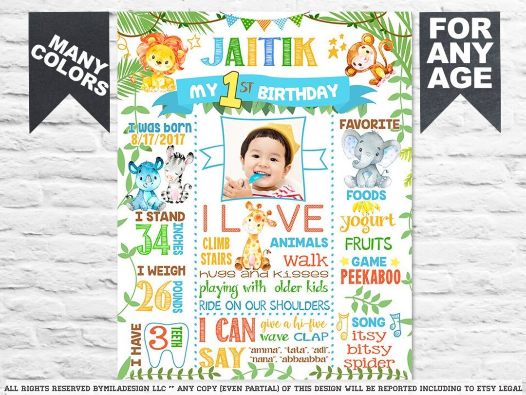 Jungle Animals Birthday White Chalkboard Sign Zoo Safari - 1st Party ...