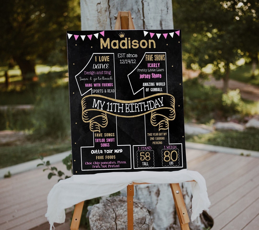 11th Birthday Chalkboard Sign - 11th Party Poster Banner Milestone for ...
