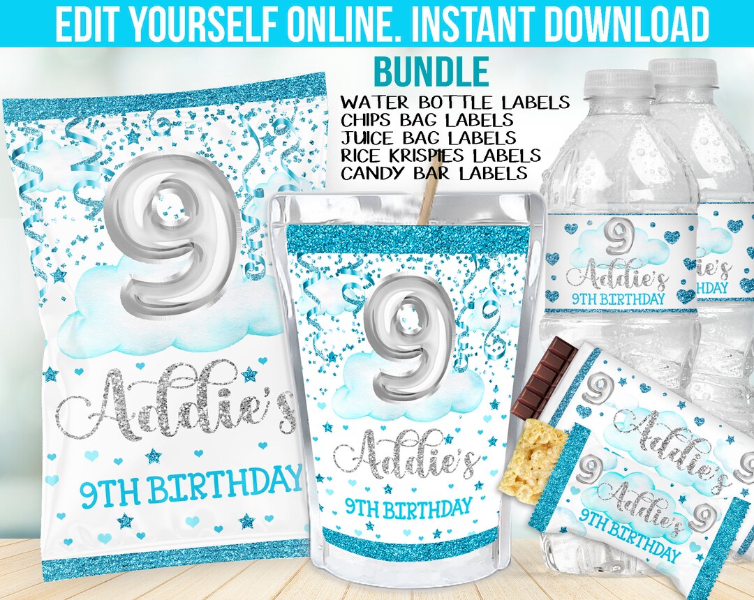 Editable 9th Birthday Party Decorations - Chip Bag Label Favors - Candy ...