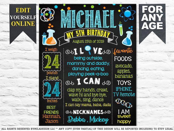 Science Birthday Chalkboard Sign Party Chalk Board Poster | Etsy