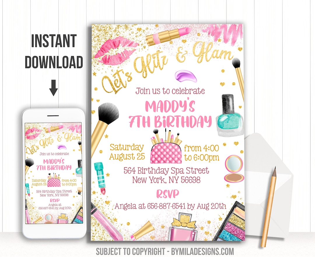 Editable Spa Birthday Party Invitation - Makeup Girl Invite - Beauty ...