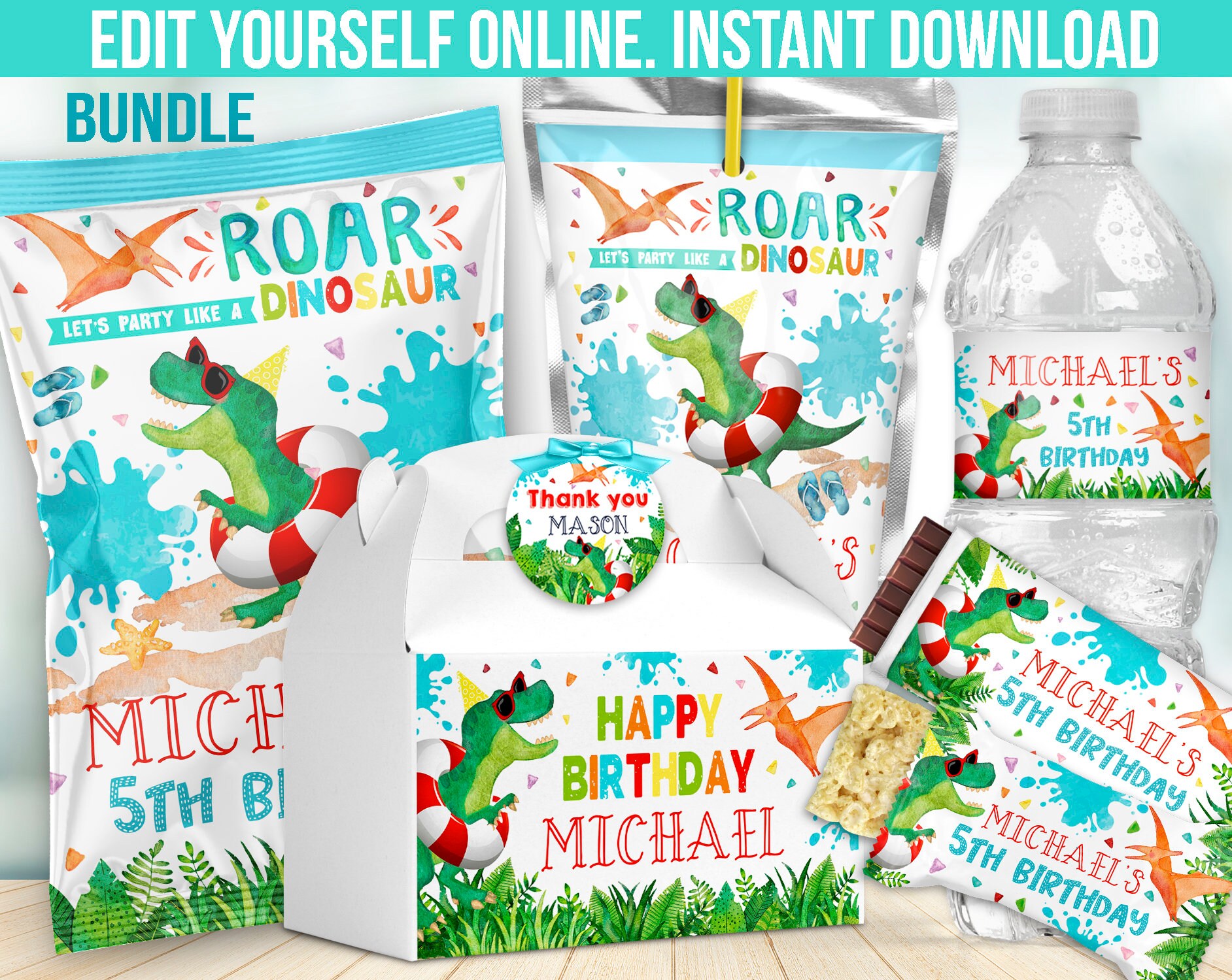 Dinosaur Birthday Pool Party Decorations - Dino Theme Chip Bag Favors ...