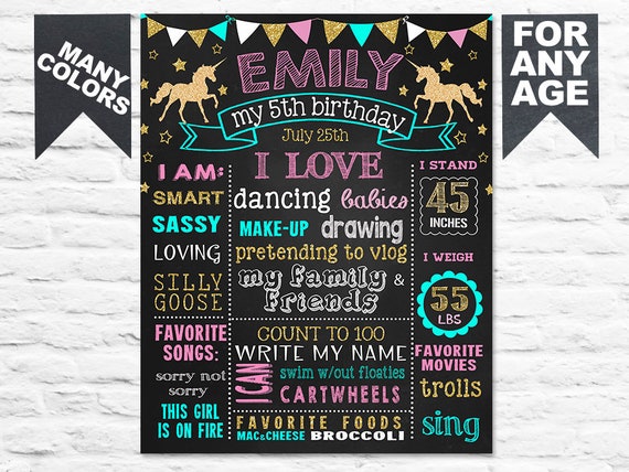 Unicorn 5th Birthday Chalkboard Sign Poster Banner Milestone - Etsy