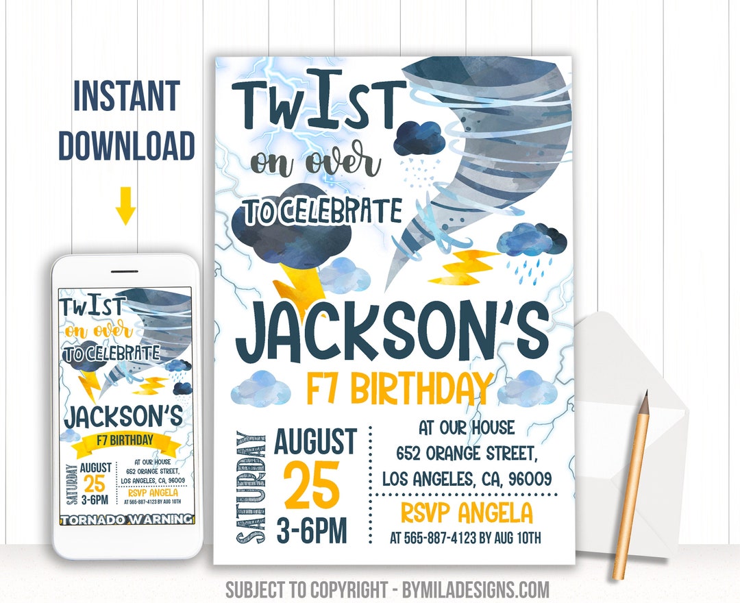 Editable Tornado Birthday Invitation - Storm Hurricane Fournado Party E ...