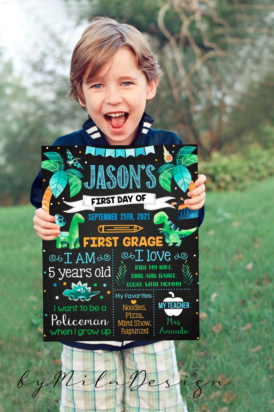 First Day of School Sign Dinosaur Last Day of School Board for a Boy ...