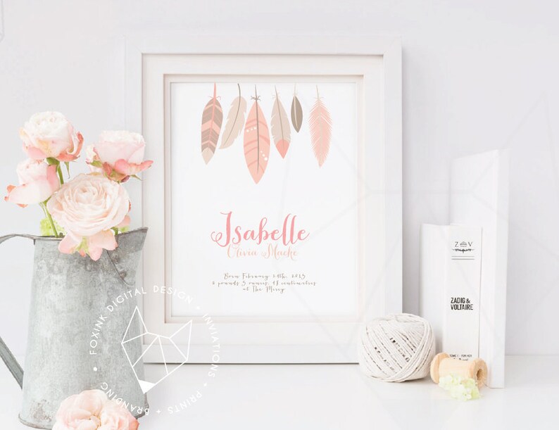 FRAMED FEATHER Baby Name and Birth Details Print Personalised - Etsy ...