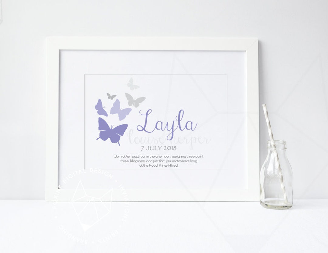 BUTTERFLY Baby Name and Birth Details Personalised - Etsy