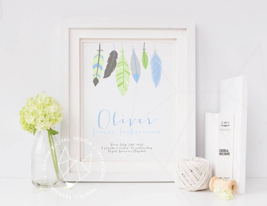FRAMED FEATHER Baby Name and birth details Print Personalised | Etsy