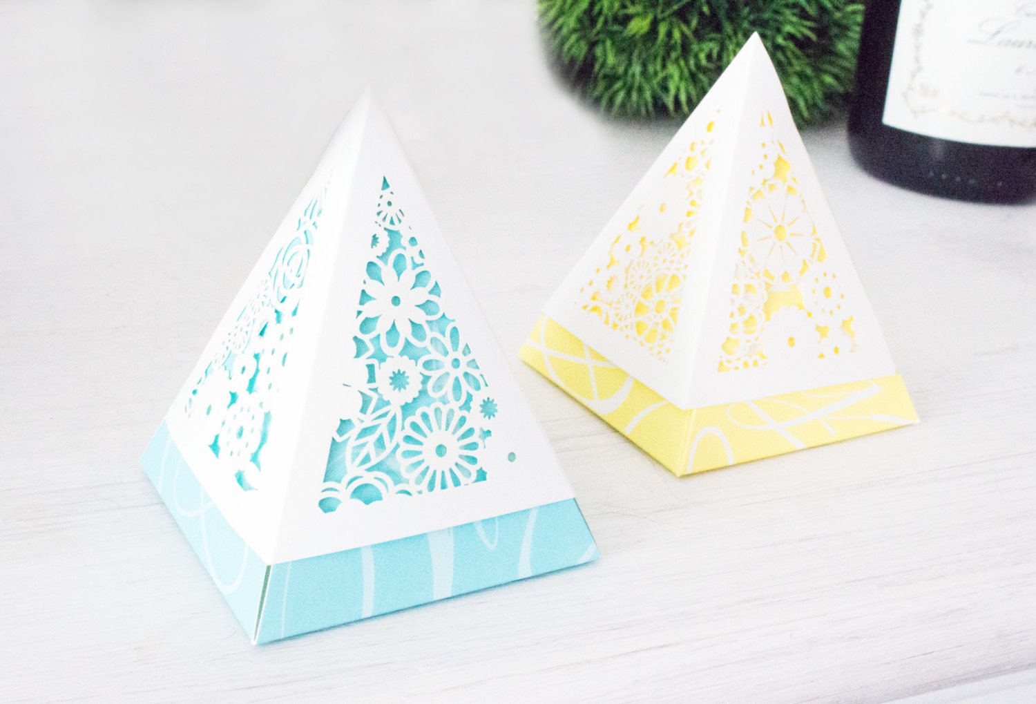 Blue Yellow Pyramid Favor Boxes Triangle Laser Cut Candy | Etsy