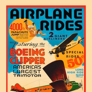 Plane 16" X 20" Airplane Rides Boeing Clipper Parachute Flying Circus ...