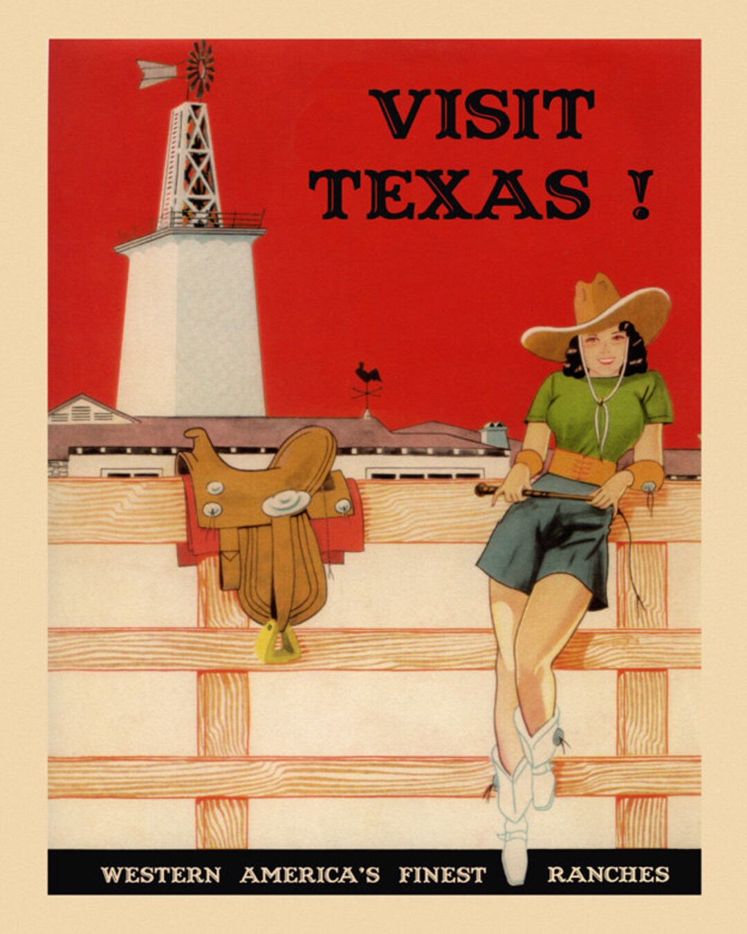 Visit Texas 16"x20" Fashion Cowgirl Western America Finest Ranches ...