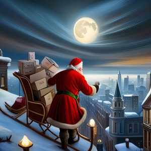 Christmas Eve Santa Claus on Roof Sleigh With Presents Looking Over ...