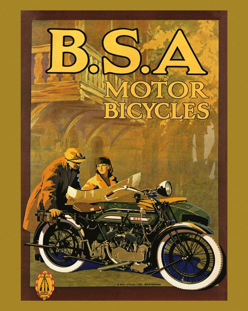 Motorcycle B S A Bike Motor Couple Reading Map Travel Tourism Vintage ...