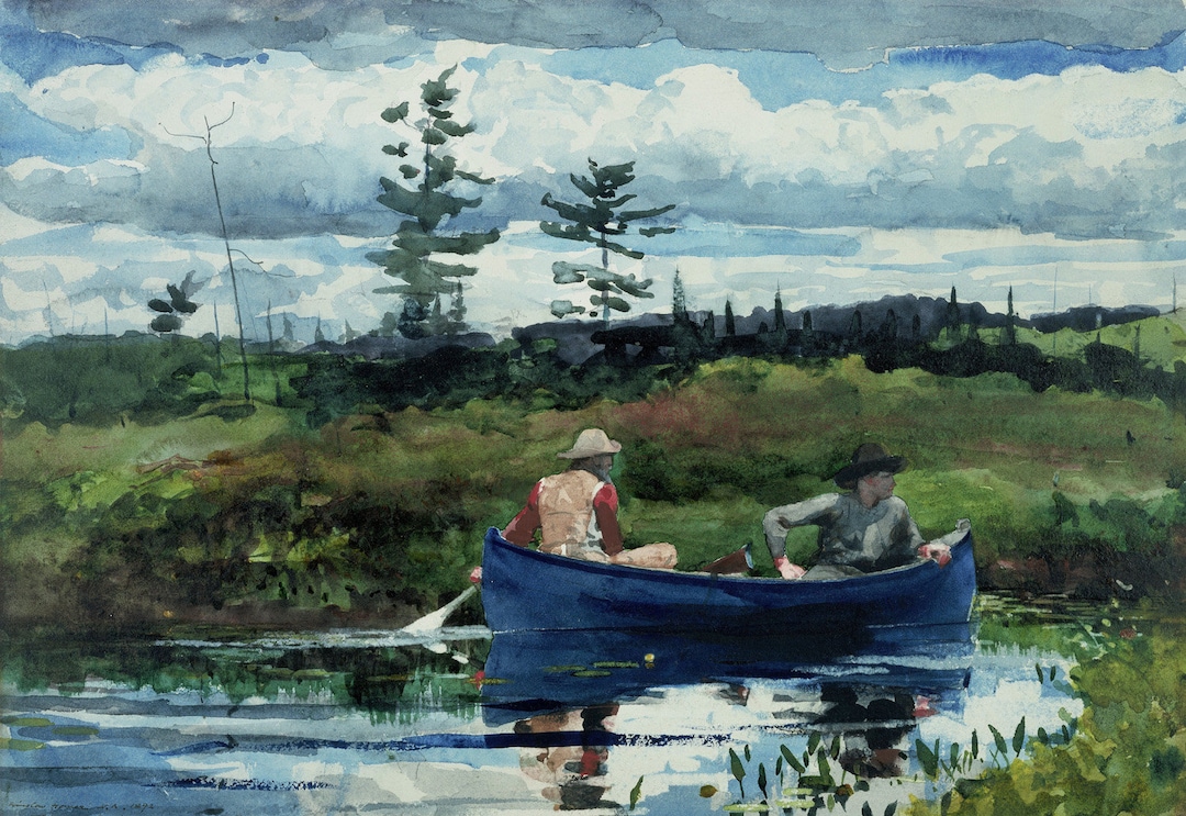 The Blue Boat Two Men River Fishing Small Canoe 1892 American Painting ...