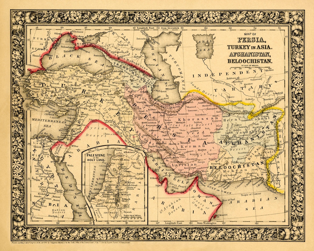 1860 Map of Persia Turkey in Asia Afghanistan Balochistan Palestine and ...