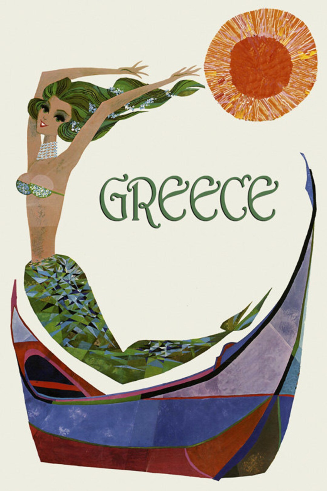 Greece Mermaid Boat Sea Ocean Beach European Travel Tourism Vintage ...