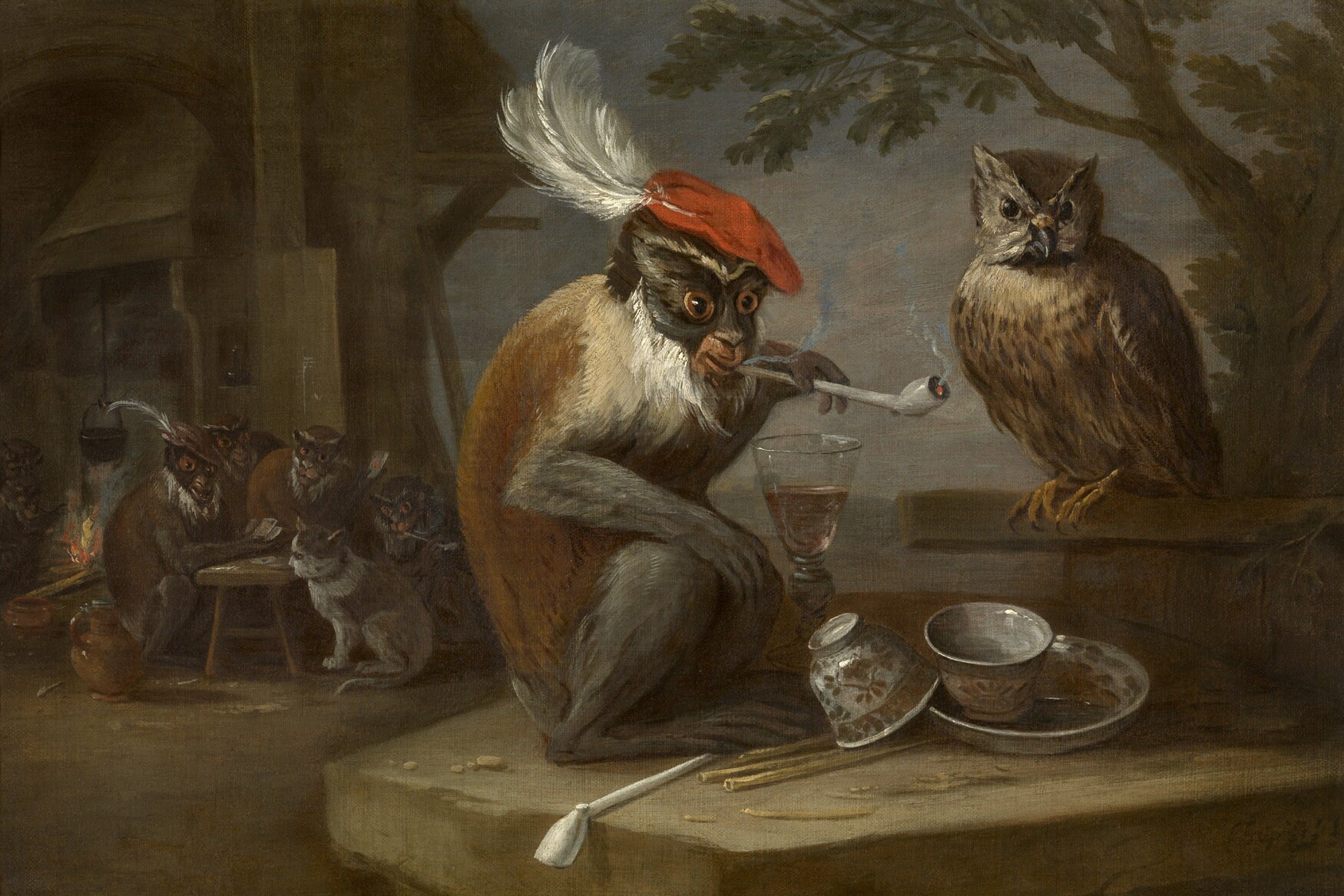 Monkey Trick Owl Smoking Pipe Drink Singerie 17th Century Painting by ...