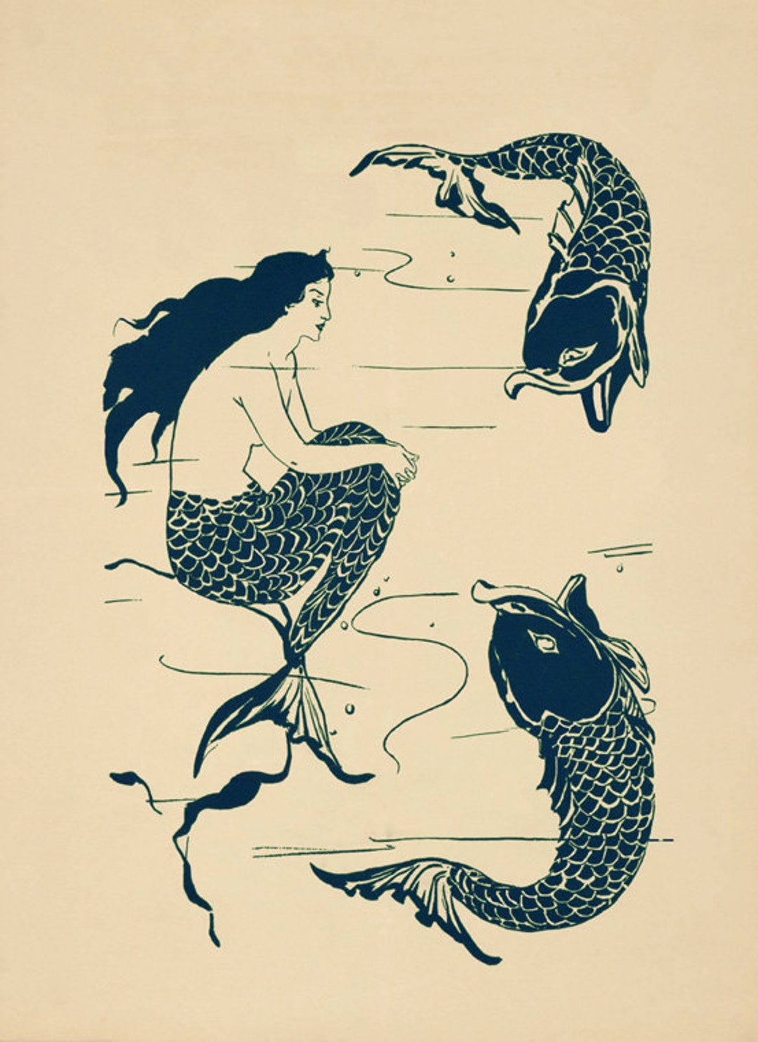 Mermaid Sea Creature Fish Ocean Vintage Poster Repro on Matte Paper or ...