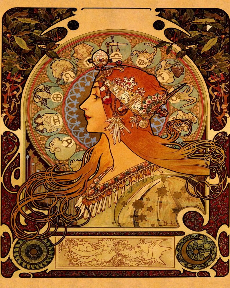 Mucha 16" X 20" Zodiac Astrology Horoscope by Artist Alphonse Mucha ...