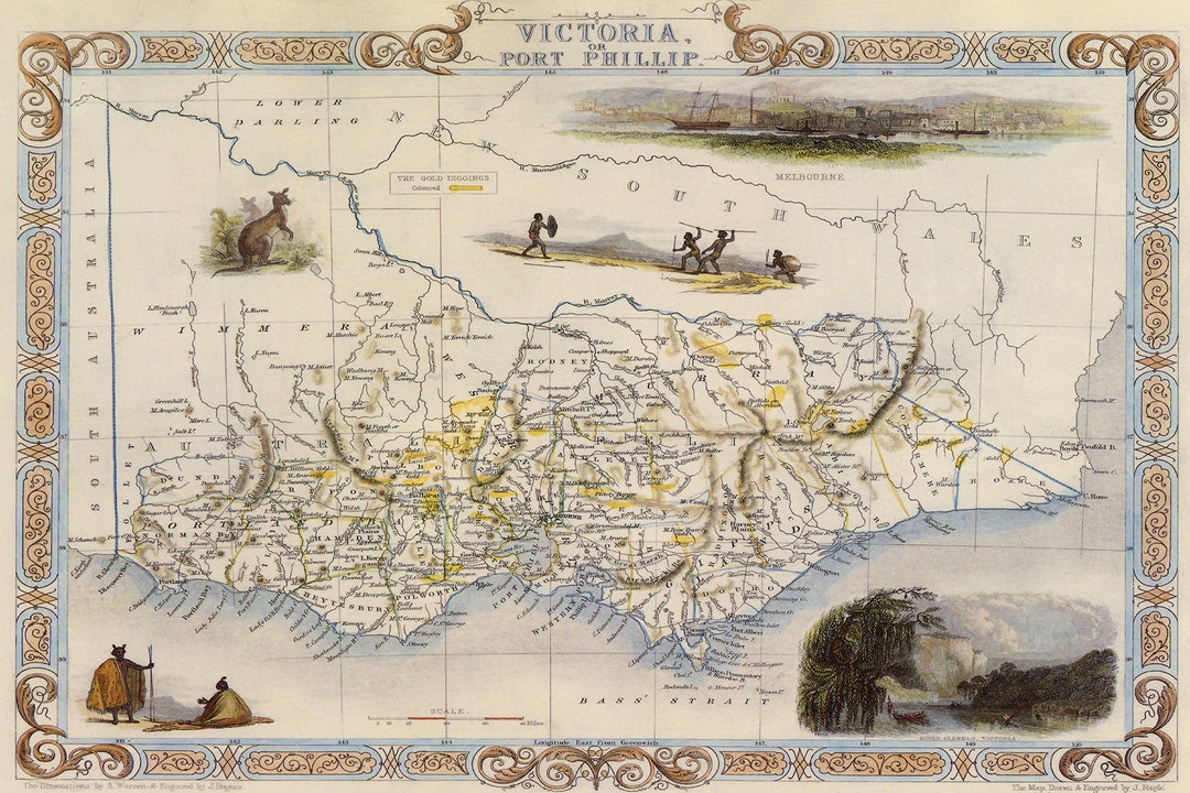1800's Victoria Port Phillip Map Melbourne Australia Bird Eye View ...