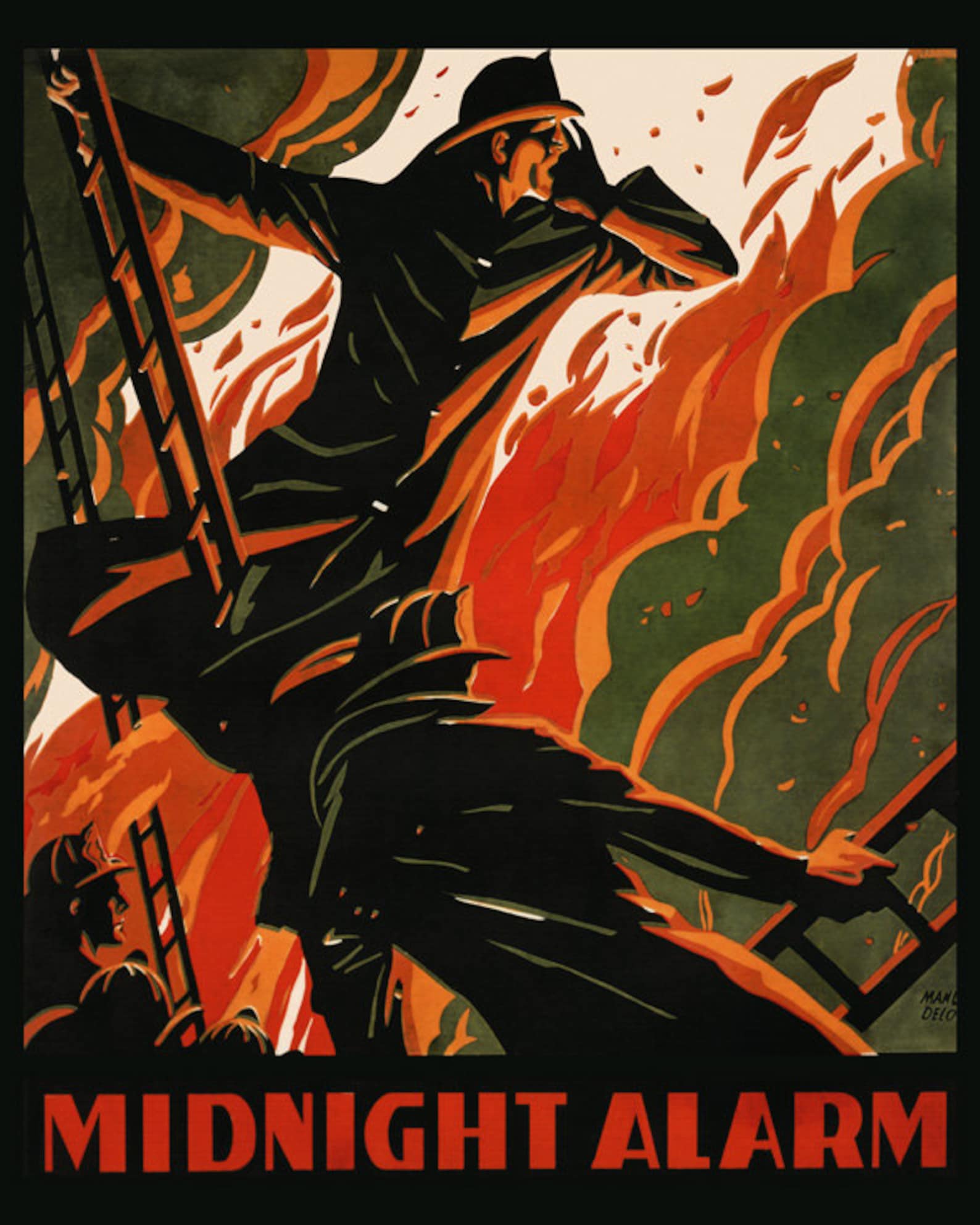 Fireman 16"x20" Midnight Fire Alarm Firefighter American Usa Vintage ...